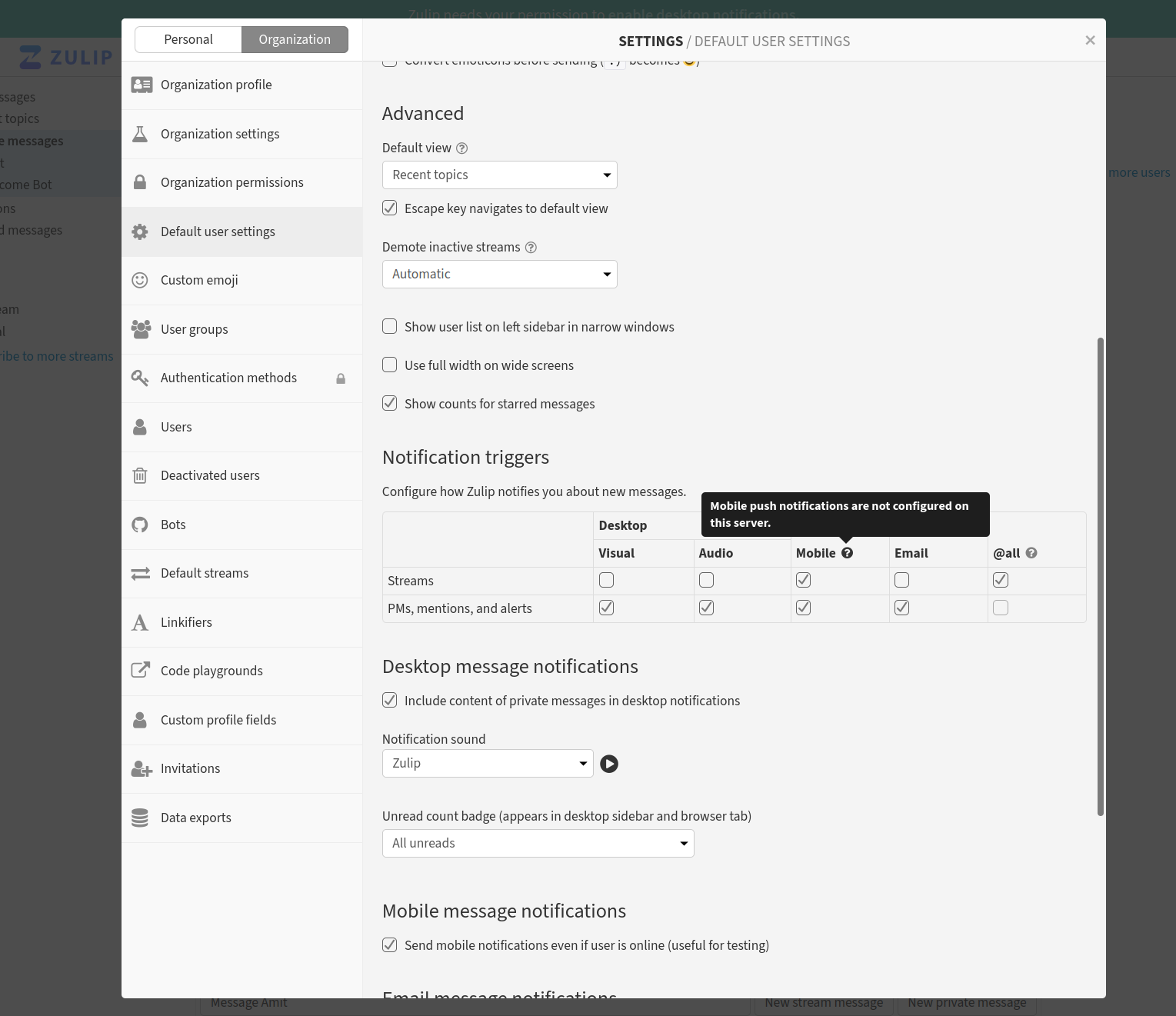 Default User Settings Incorrectly Shows Mobile Push Notifications Not Configured · Issue