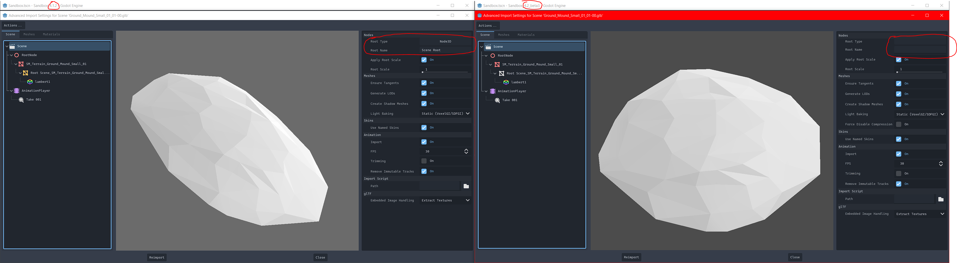 "Advanced Import Settings" when opening a .glb show empty for "Root Type" and "Root Name" but in ...