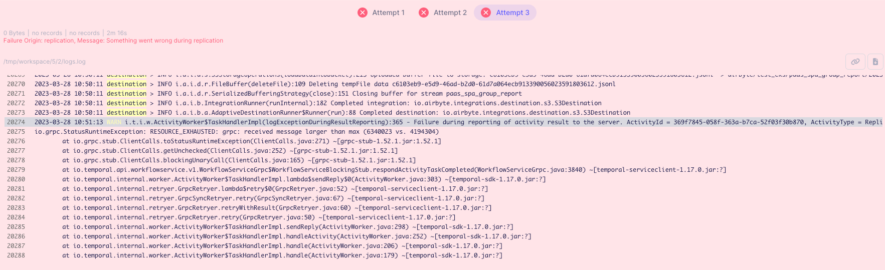 Source Mysql 200 Throws Error Sync Output Exceeds The Max Temporal Message Size · Issue
