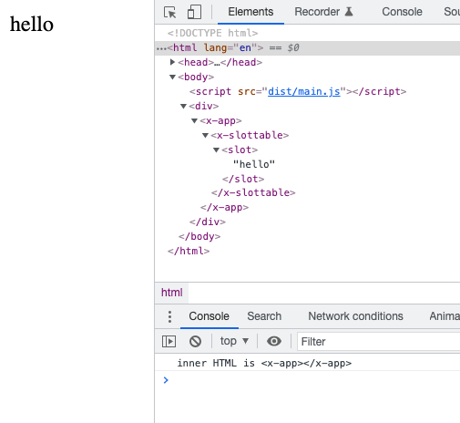 `innerHTML` on a Light DOM component that contains a Shadow DOM element with slots, returns a ...