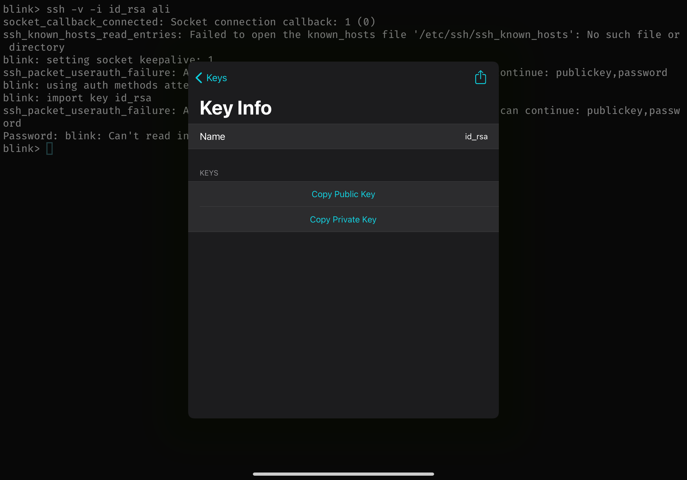 Authentication with puiblic key fails on iOS 14/iPadOS 14 · Issue #1129 · blinksh/blink · GitHub