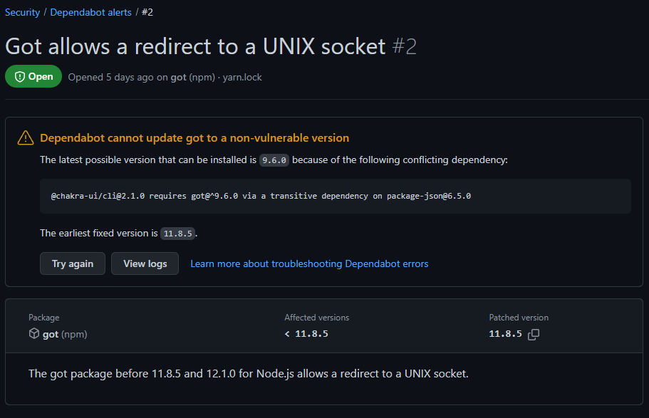 [Dependabot Security Vulnerability] Got allows a redirect to a UNIX socket · chakra-ui chakra-ui ...