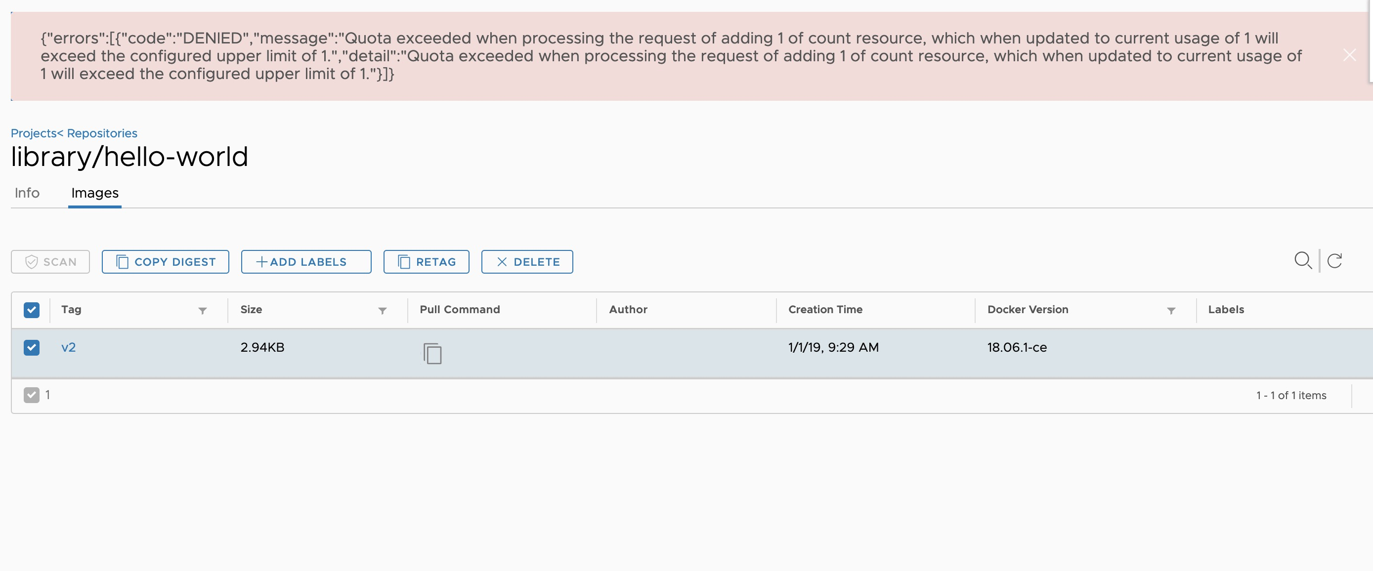 no meaningful error message returned when action like retag etc. exceeding the quota · Issue ...