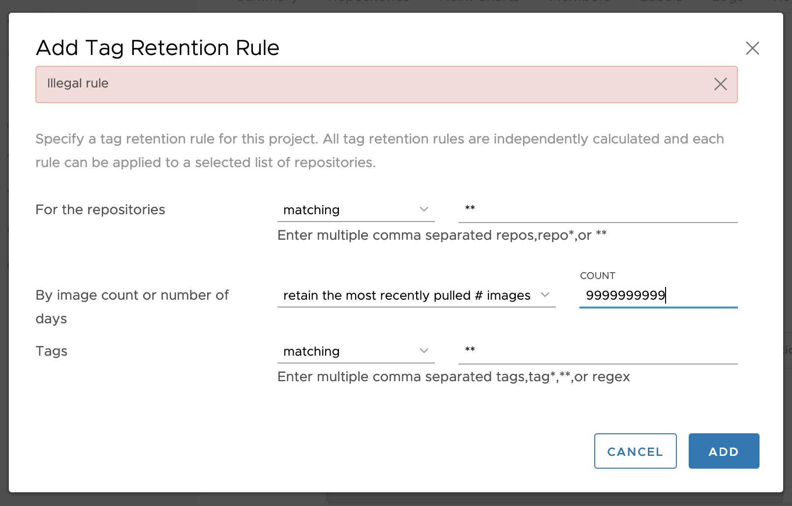 [Tag retention] UI error message should give the hint about what's ...