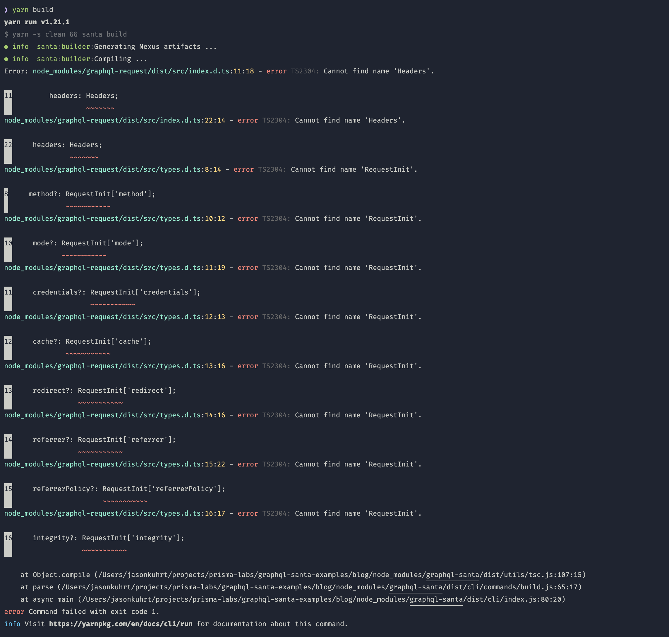 Build Fail B C Of Type Errors From Transient Dep Graphql Request · Issue 309 · Prisma Labs