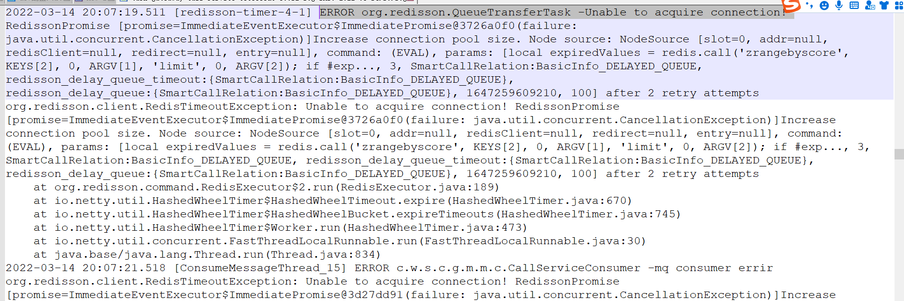 Reisson delay queue execution throw “ERROR org.redisson.QueueTransferTask -Unable to acquire ...
