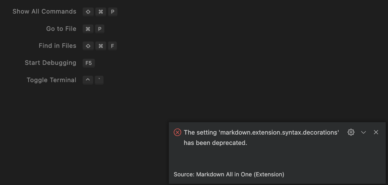 `markdownextensionsyntaxdecorations Has Been Deprecated` Notification Will Show Every Time
