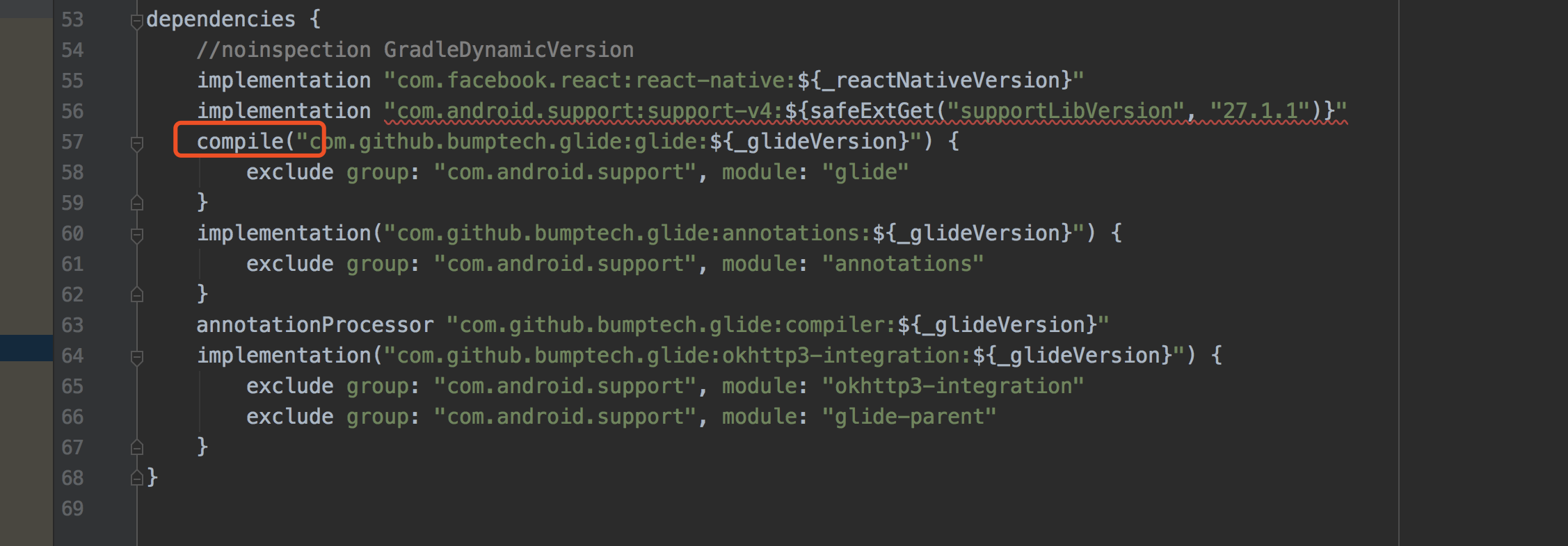 Android dependency 'com.github.bumptech.glide:glide' has different version for the compile (4.5. ...