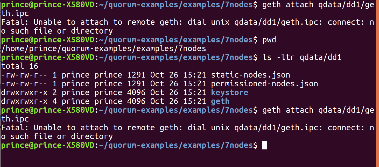 Fatal: Unable to attach to remote geth: dial unix qdata/dd1/geth.ipc: connect: no such file or ...