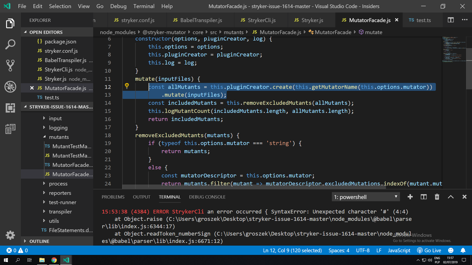 StrykerCli an error occurred SyntaxError: Unexpected character ...