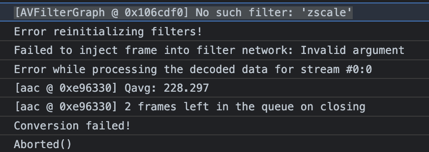 No such filter: 'zscale' - Add zscale filter to binary ? · Issue #570 · ffmpegwasm/ffmpeg.wasm ...