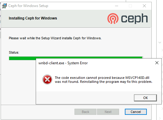 missing dlls reported when installing from built msi installer · Issue #23 · cloudbase/ceph ...