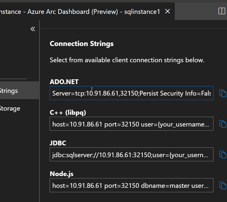 A11y_AzureDataStudioAAE_Sql Instance 1_Connection Strings_Zoom: Data of the "ADO.NET" edit field ...