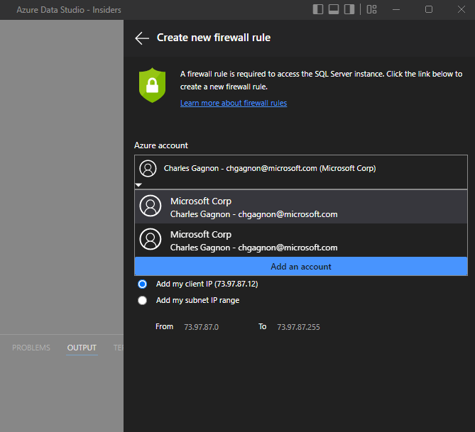 Firewall rule dialog showing duplicate accounts · Issue #21497 · microsoft/azuredatastudio · GitHub