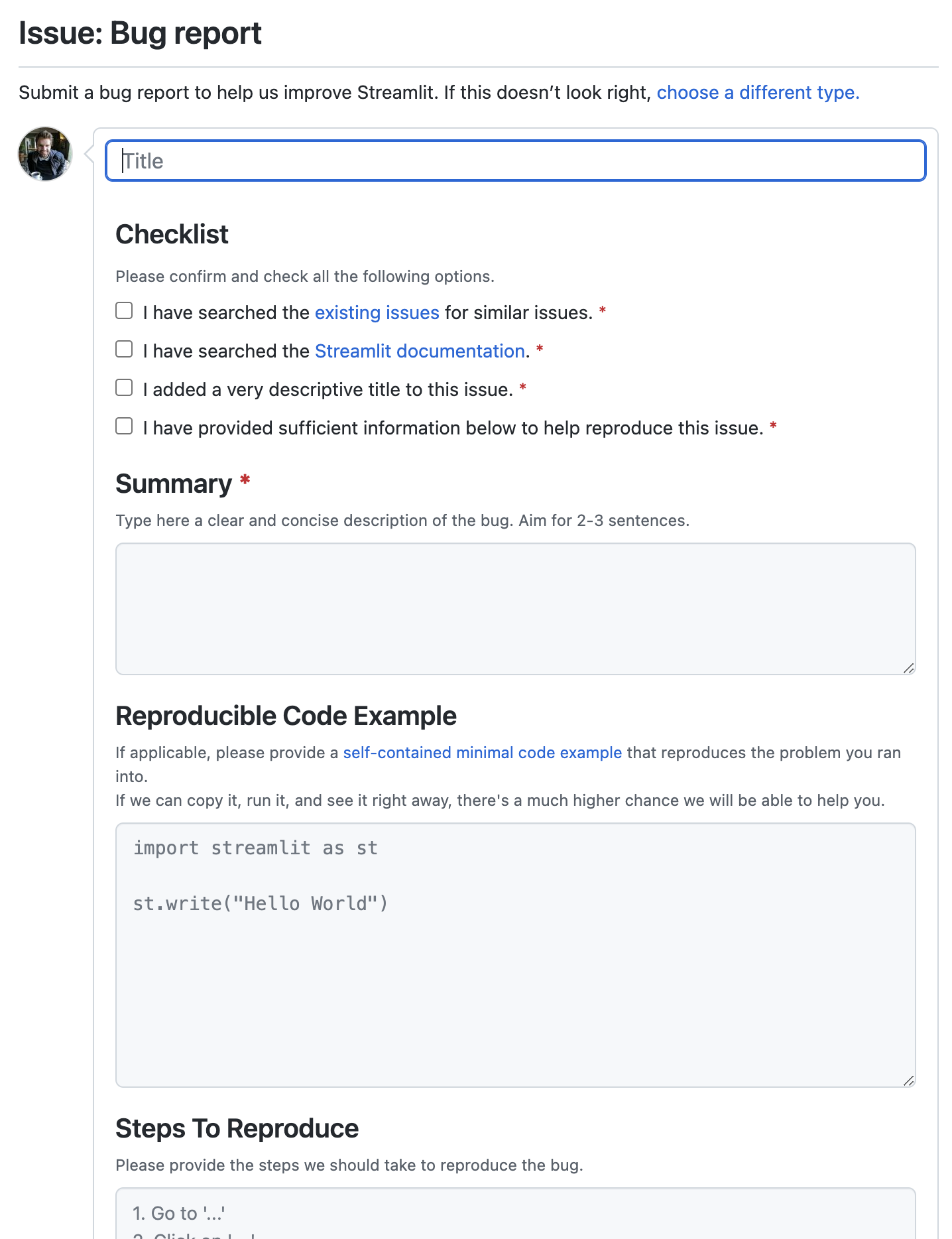 Migrate Issue Template For Bug Report To Forms By Lukasmasuch · Pull Request 5556 · Streamlit 2291