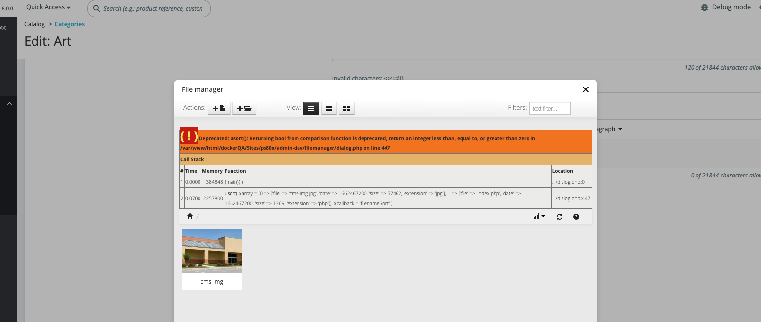 [PHP8.1] - BO - A warning is displayed in the File manager after resetting the sort and the ...