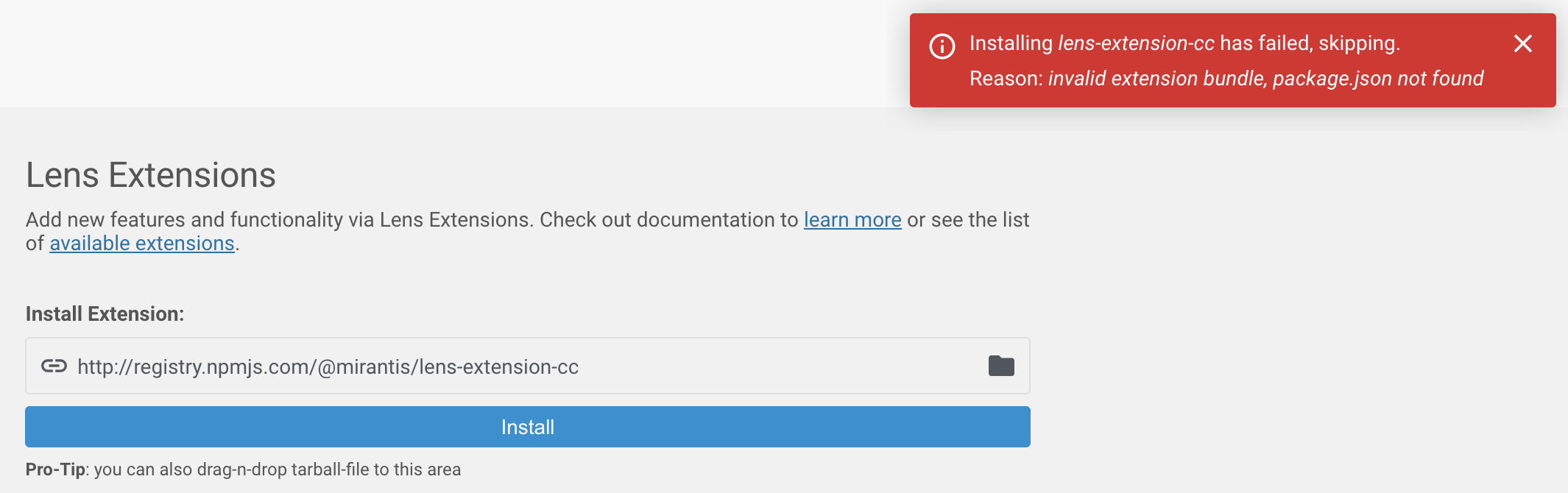 All 3 new methods of installing extensions appear broken in 4.2.3 · Issue #2688 · lensapp/lens ...