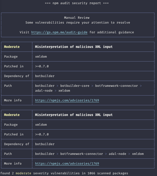 Audit issue with dependent package xmldom · Issue #3928 · microsoft/botbuilder-js · GitHub