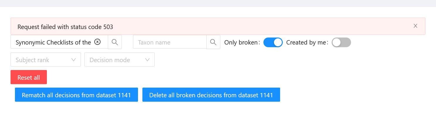 Rematch all decisions from source dataset: error 503 · Issue #1012 · CatalogueOfLife/backend ...
