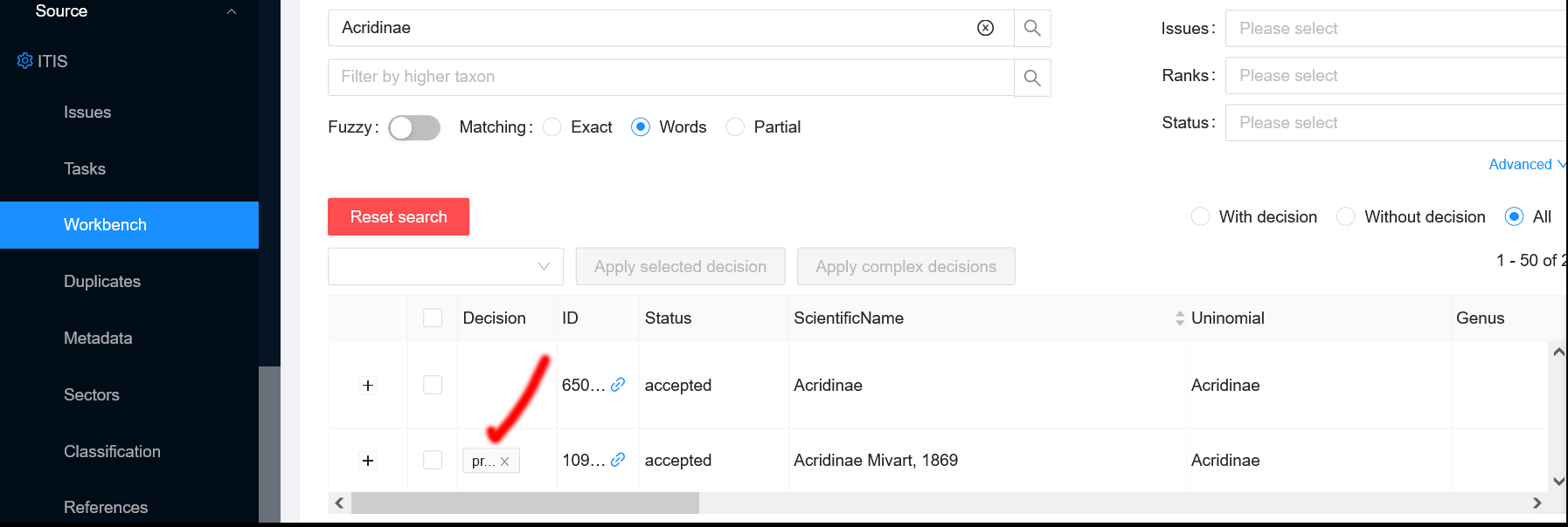 Problems with changing of name statuses for uninomials via decisions · Issue #1224 ...