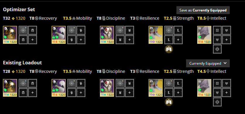Loadout Optimizer compare does not properly apply stats from mods to "Existing Loadout" · Issue ...