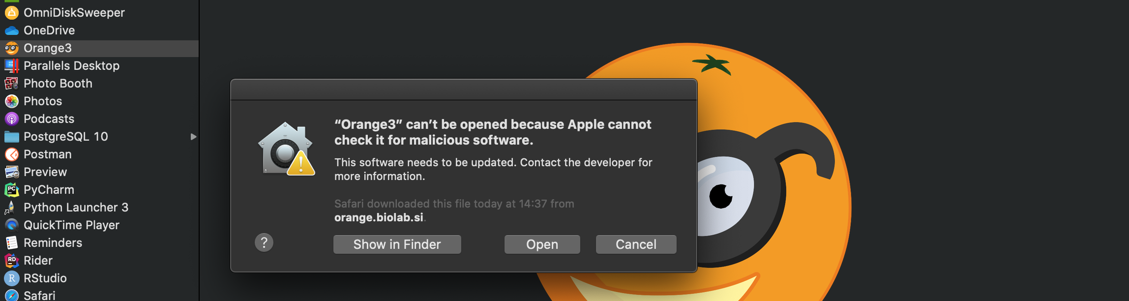 Orange not notarized for Catalina (was: ... not opening on Mojave ...