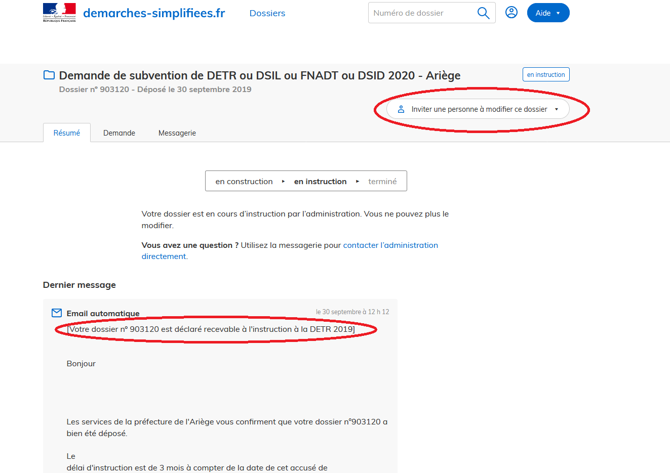 ETQ Usager, lorsque mon dossier est en instruction, le bouton devrait afficher "inviter une ...