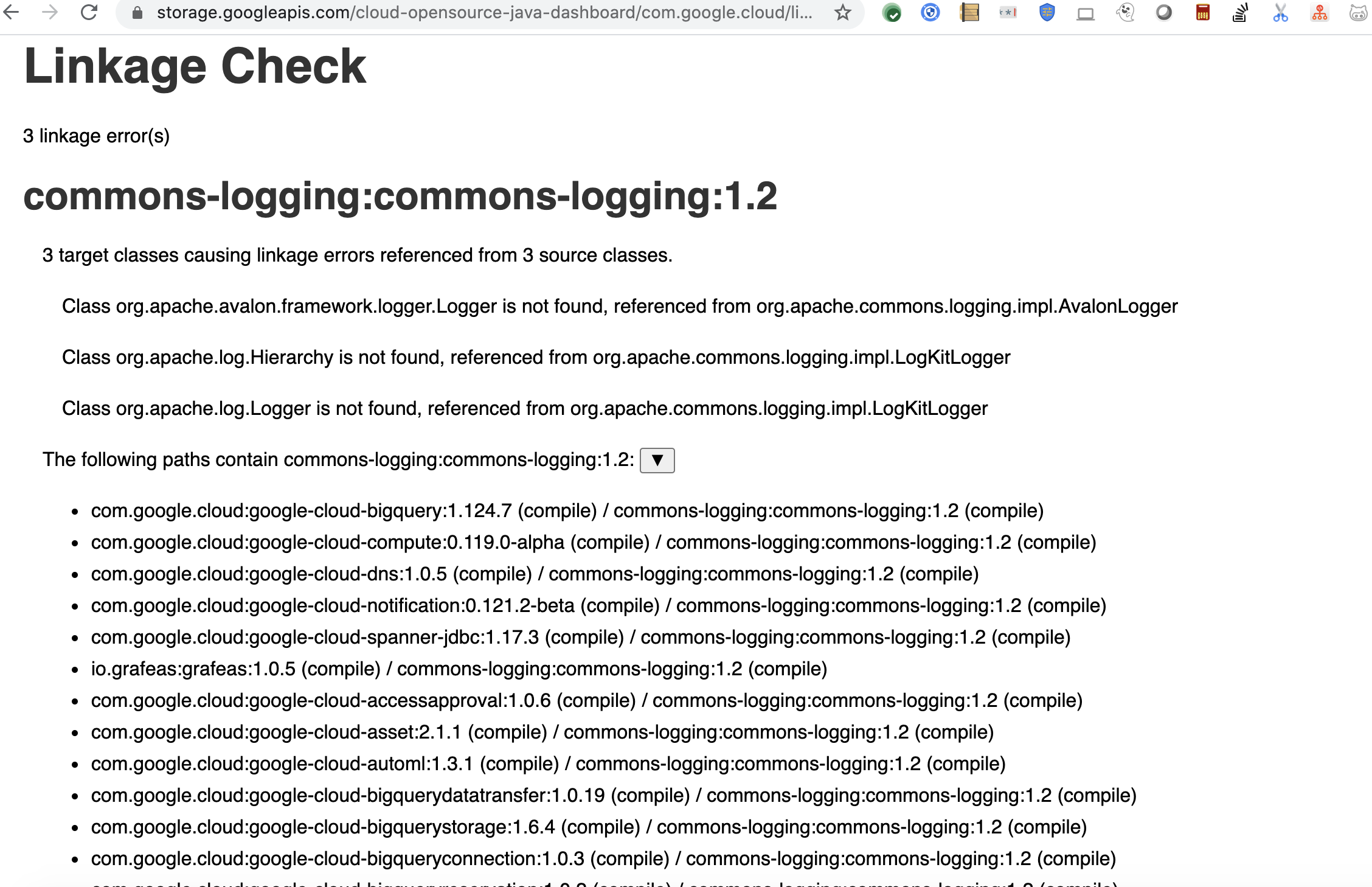 Dashboard showing linkage errors in commons-logging:commons-logging:1.2 ...