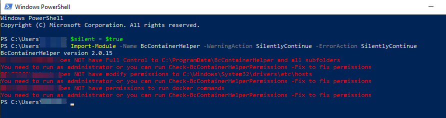 Ignore Import-Module error about 'Check-BcContainerHelperPermissions ...