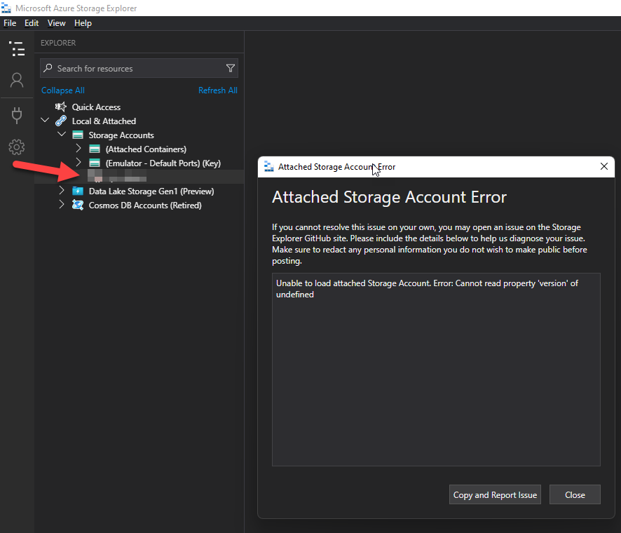 Error: Unable to load attached Storage Account. Error: Cannot read property 'version' of ...