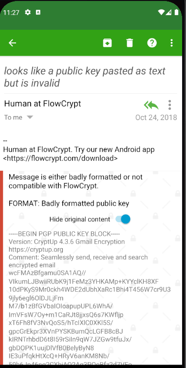 Migration to PGPainless. Message details. "looks like a public key pasted as text but is invalid ...