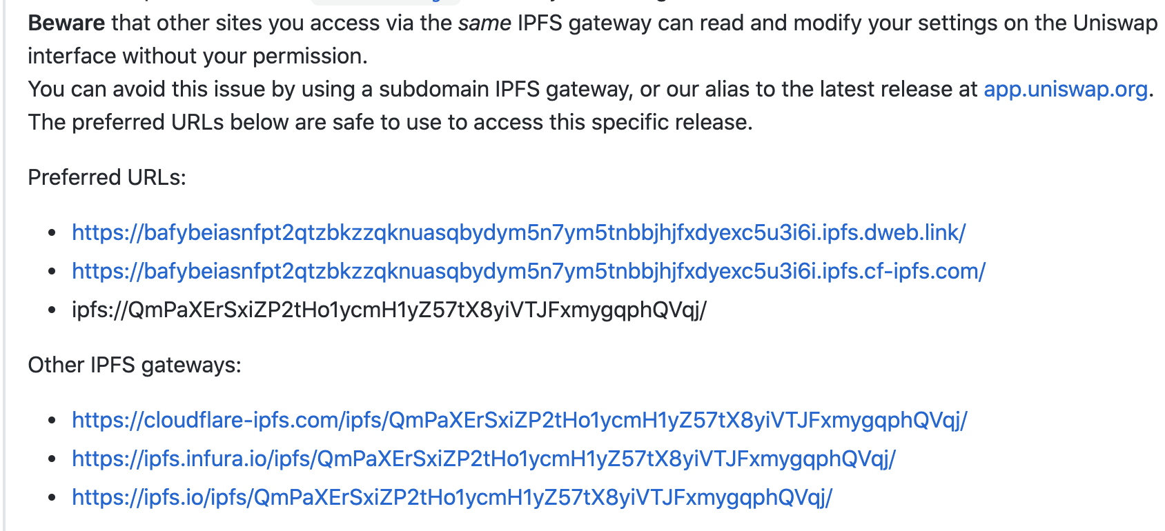 Remove IPFS Gateways that do not enforce domain separation from release page · Issue #1386 ...
