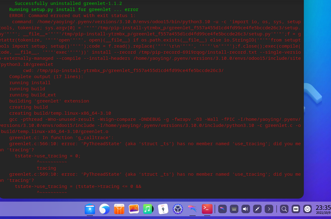 DEEPIN 20&ODOO 15 pip3 install -r requirements.txt greenlet ERROR: Command errored out with exit ...