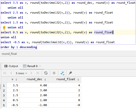 Decimal rounding uses different rounding mode · Issue #7044 · ClickHouse/ClickHouse · GitHub