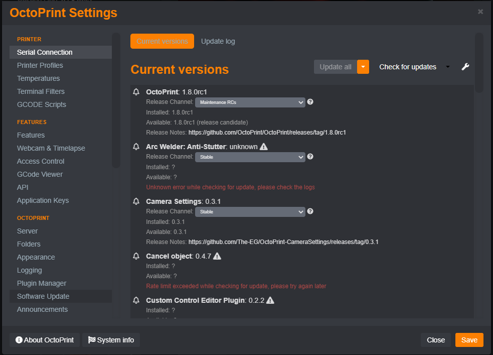 Multiple Octoprint enabled printers unable to check for updates - "Rate ...