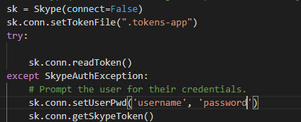 SkypeAuthException ("Couldn't retrieve t field from login response", ) when trying o login ...