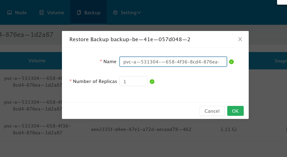 Default to Volume Name when restoring backup - UI · Issue #935 · longhorn/longhorn · GitHub