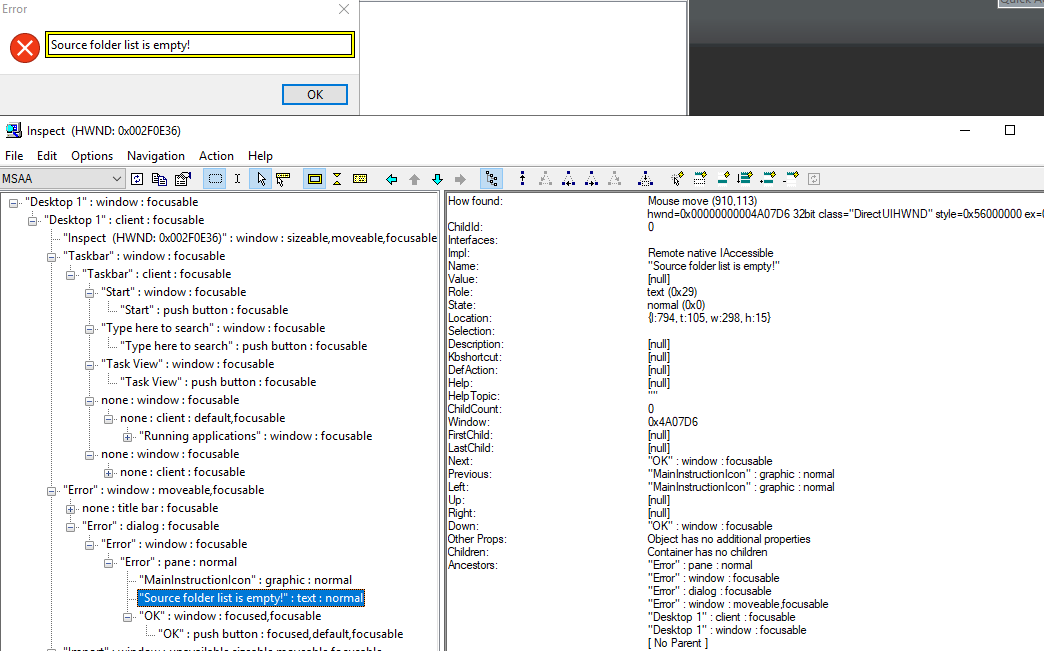 Cannot get text of error message popup that has class_name="DirectUIHWND" · Issue #787 ...