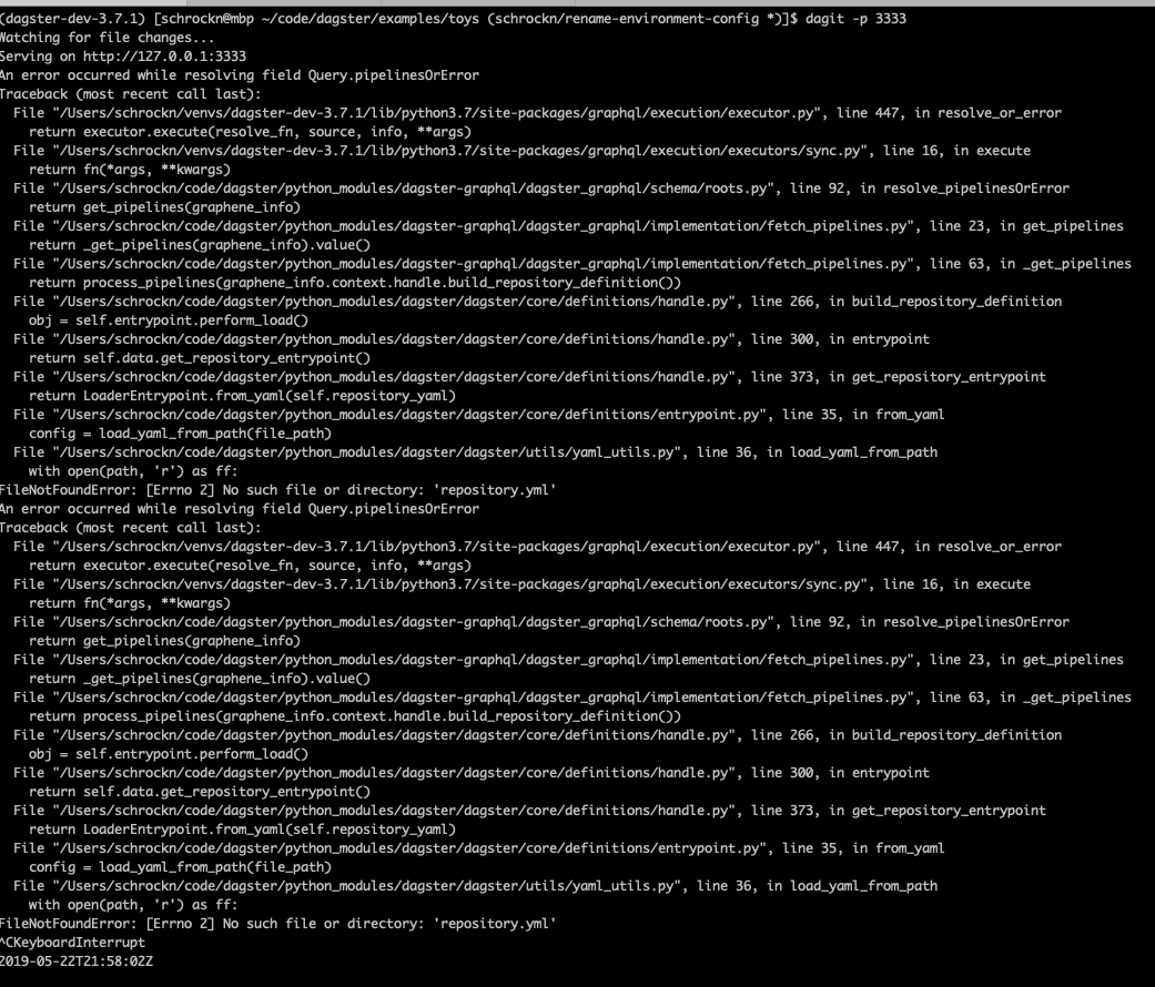If dagit cannot find repository.yml or a target pipeline/repo generally it should not launch ...
