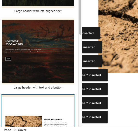 Snackbar notices appear behind block inserter. · Issue #33114 · WordPress/gutenberg · GitHub