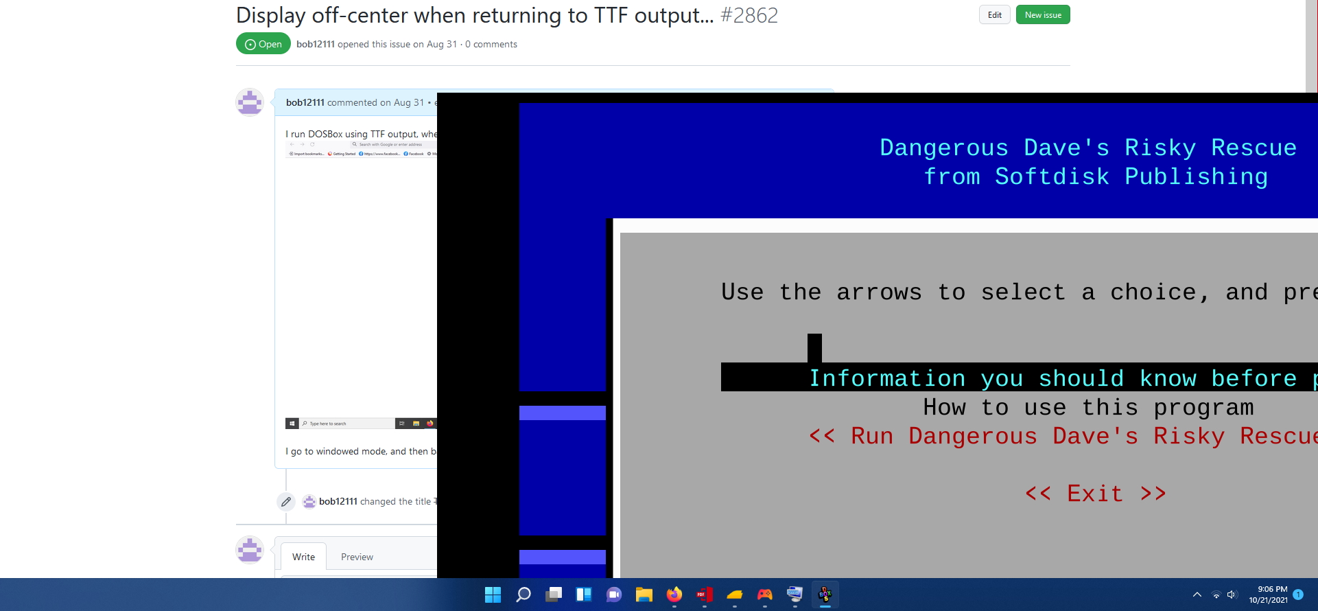 Windowed, off-center display when returning to TTF output · Issue #2992 ...