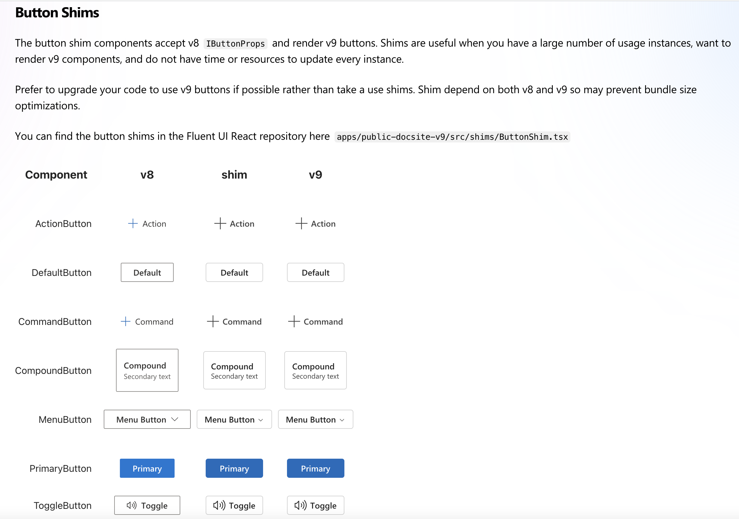 Moved button shim examples inline by GeoffCoxMSFT · Pull Request #23418 · microsoft/fluentui ...