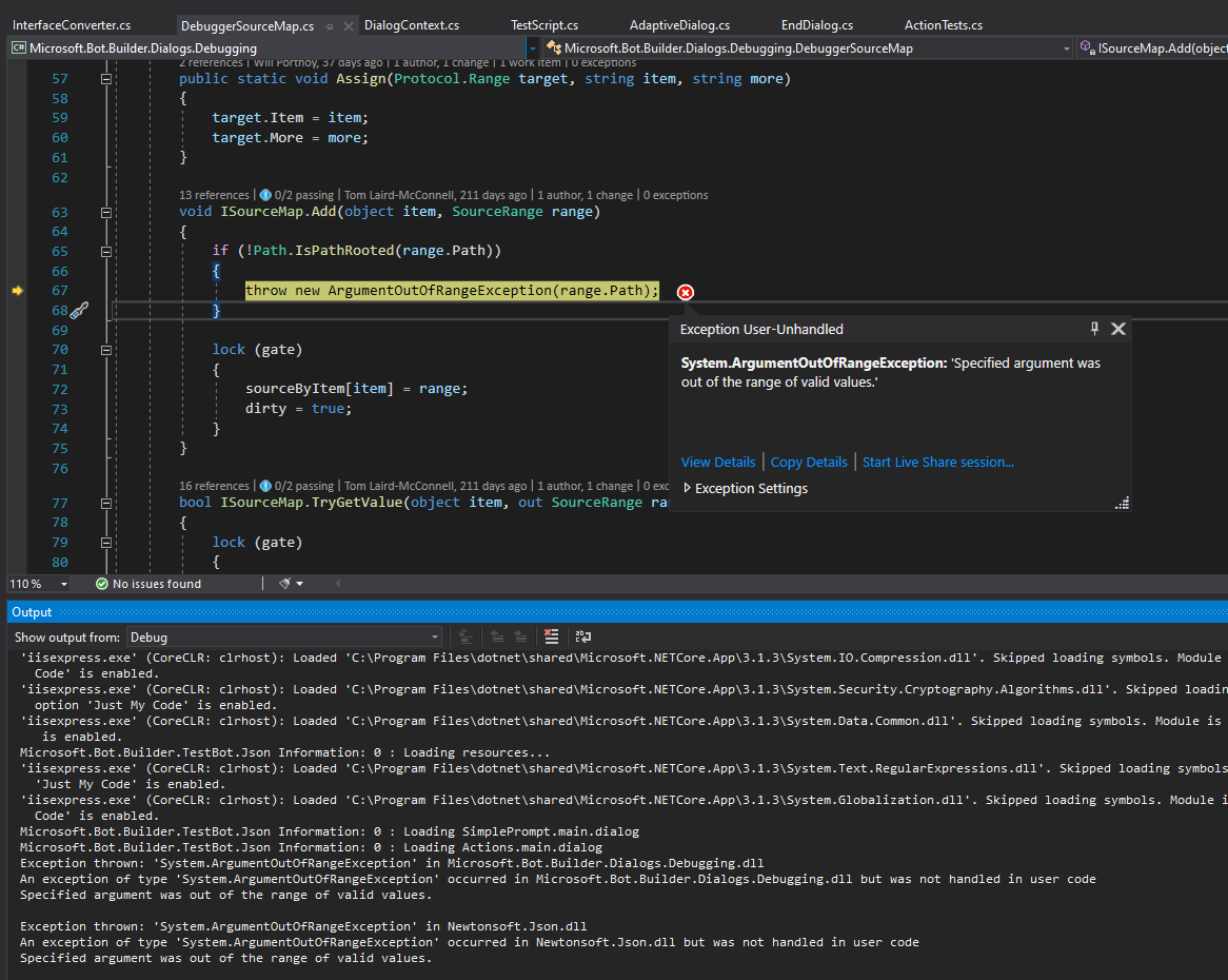 When I run TestBot.Json, it will throw ArgumentOutOfRangeException ...