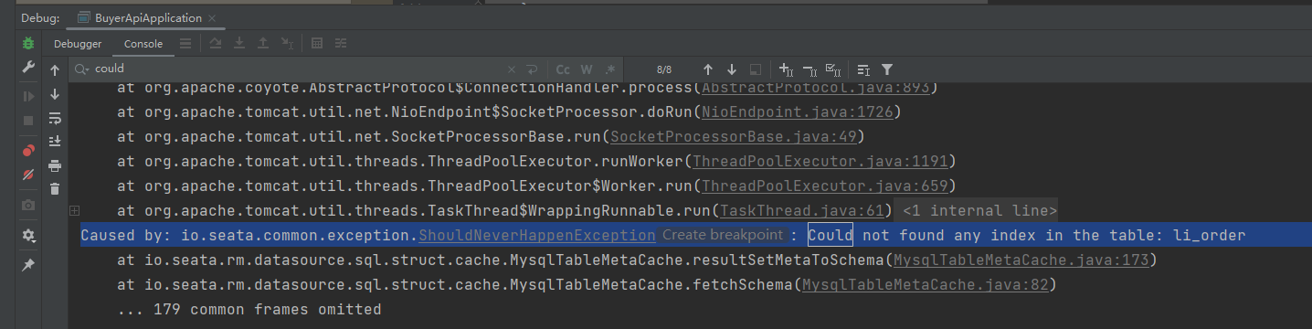 io.seata.common.exception.ShouldNeverHappenException: Could not found any index in the table: li ...