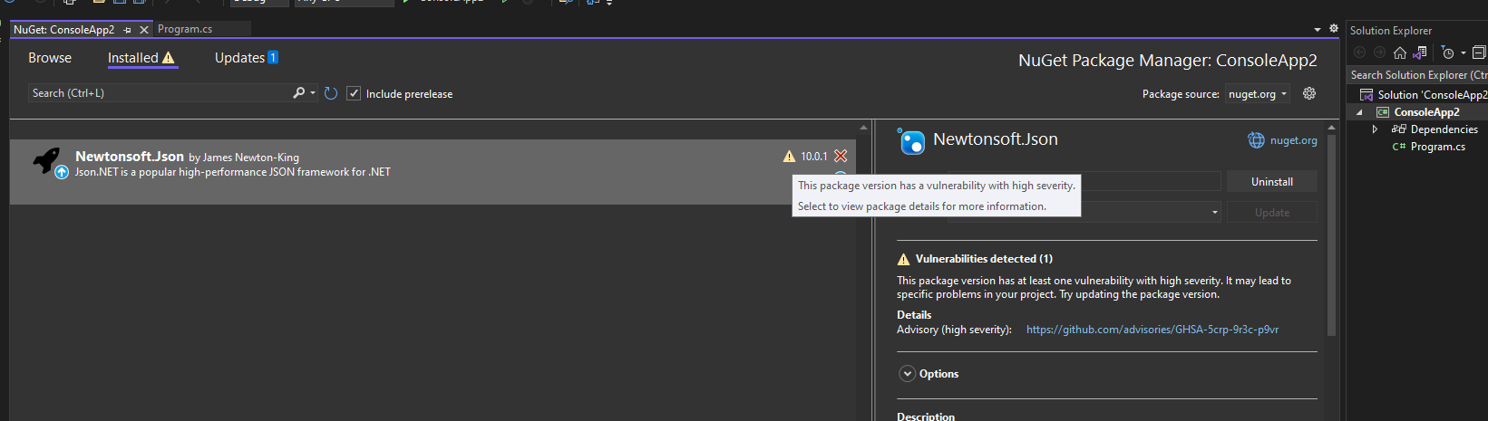 Display Vulnerability Info For Packagereference Type Projects On Installed Tab Of Pmui · Issue