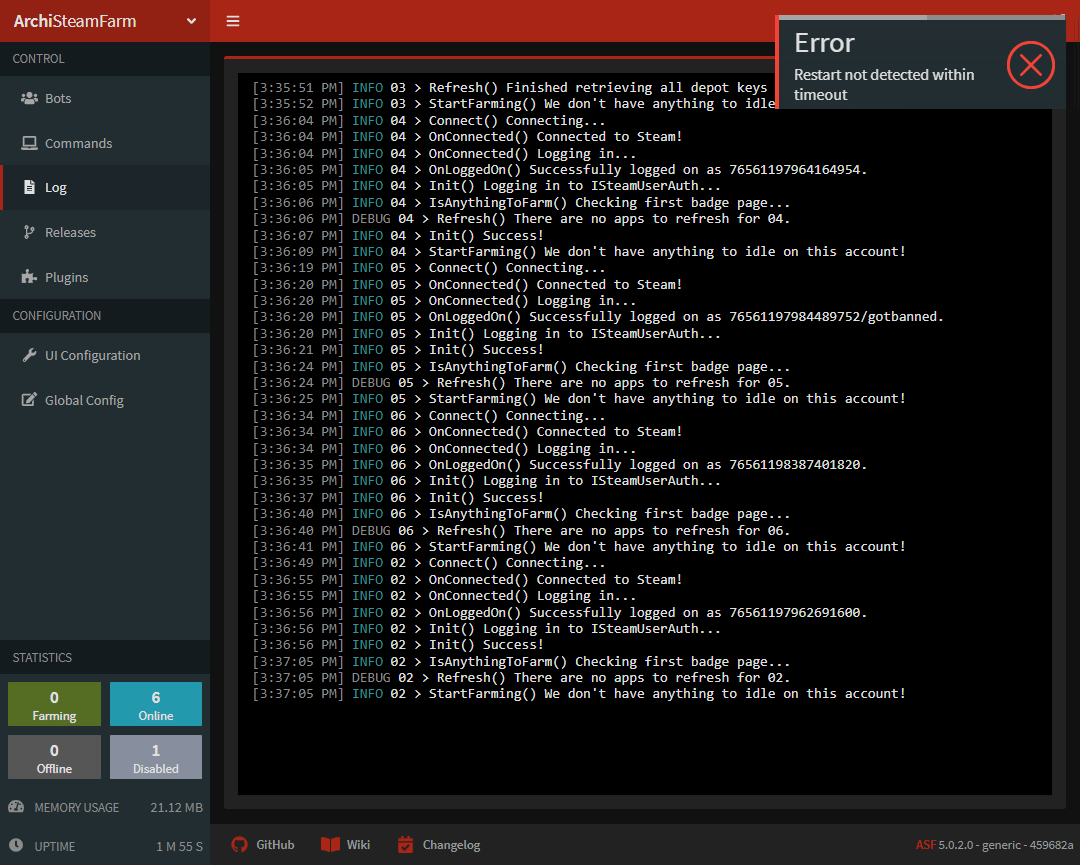 ASF-ui does not reload page after restart · Issue #1211 · JustArchiNET/ASF-ui · GitHub