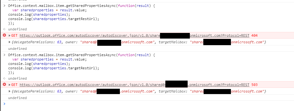 Calls to api/v2.0/me/messages/ with a REST token obtained using getcallbacktokenAsync fail with ...