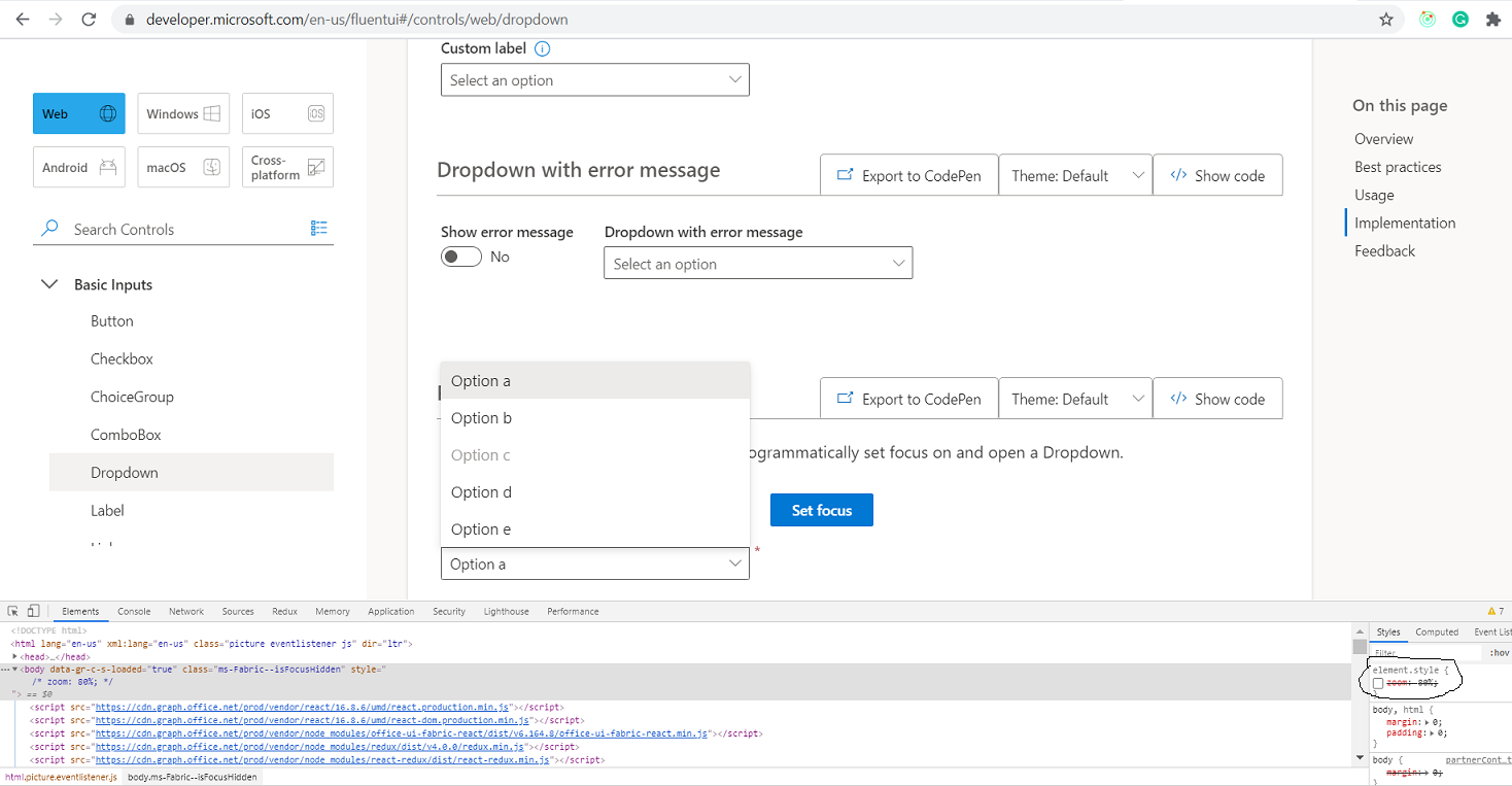 Menus of the dropdown misplaced from their position after zoom property sets to 80%. · Issue ...
