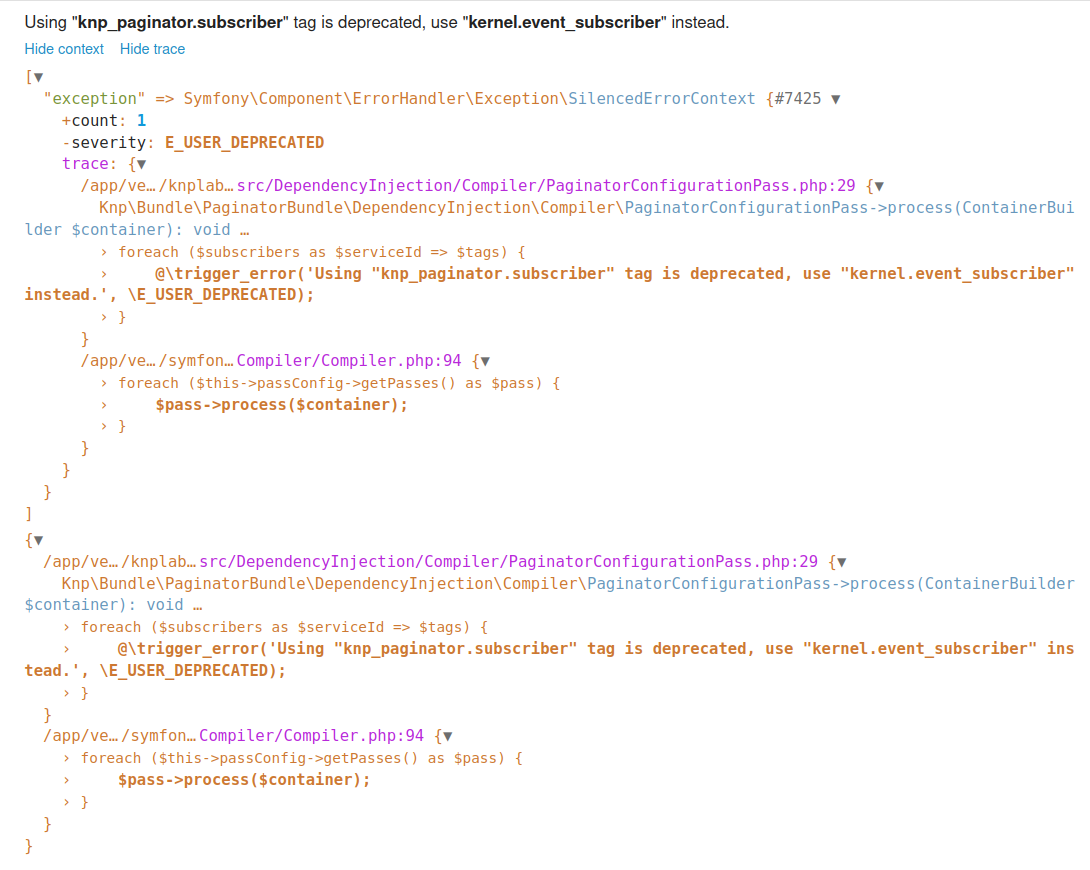 Using "knp_paginator.subscriber" tag is deprecated, use "kernel.event_subscriber" instead ...